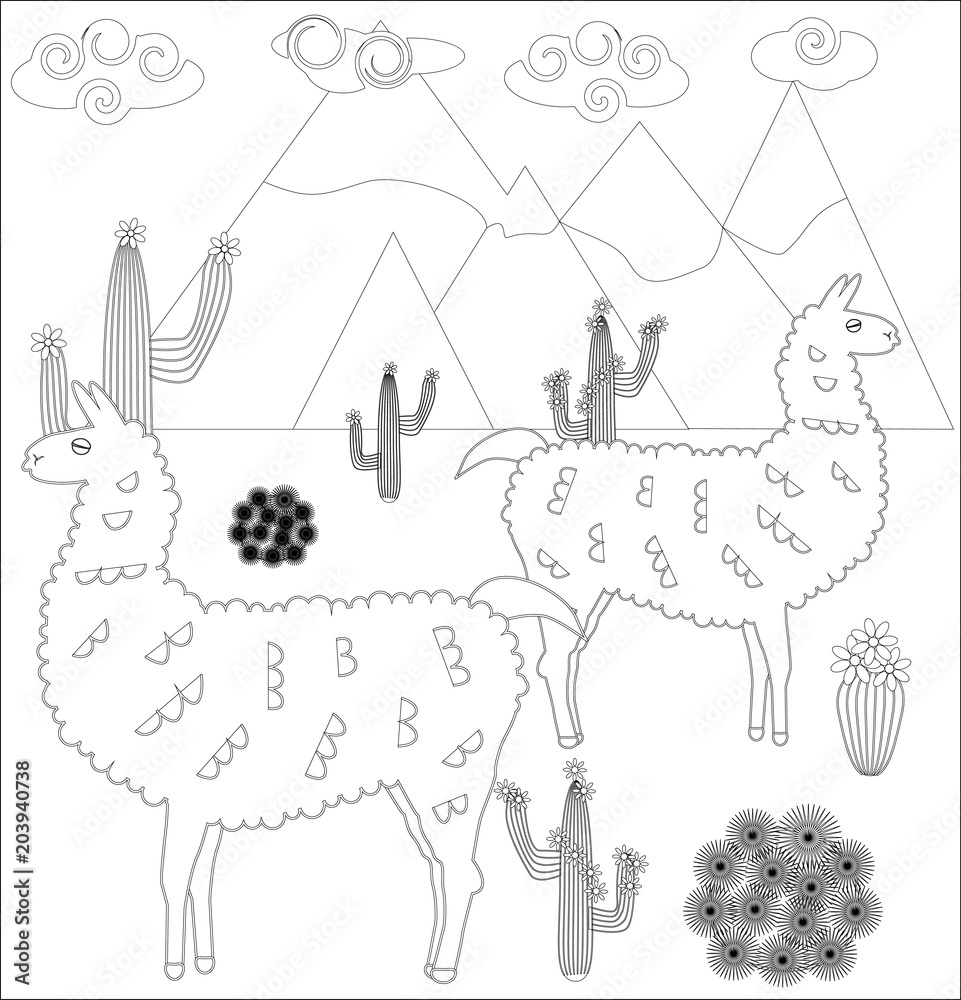 Coloring page of cartoon lama. Vector illustration, coloring book for ...