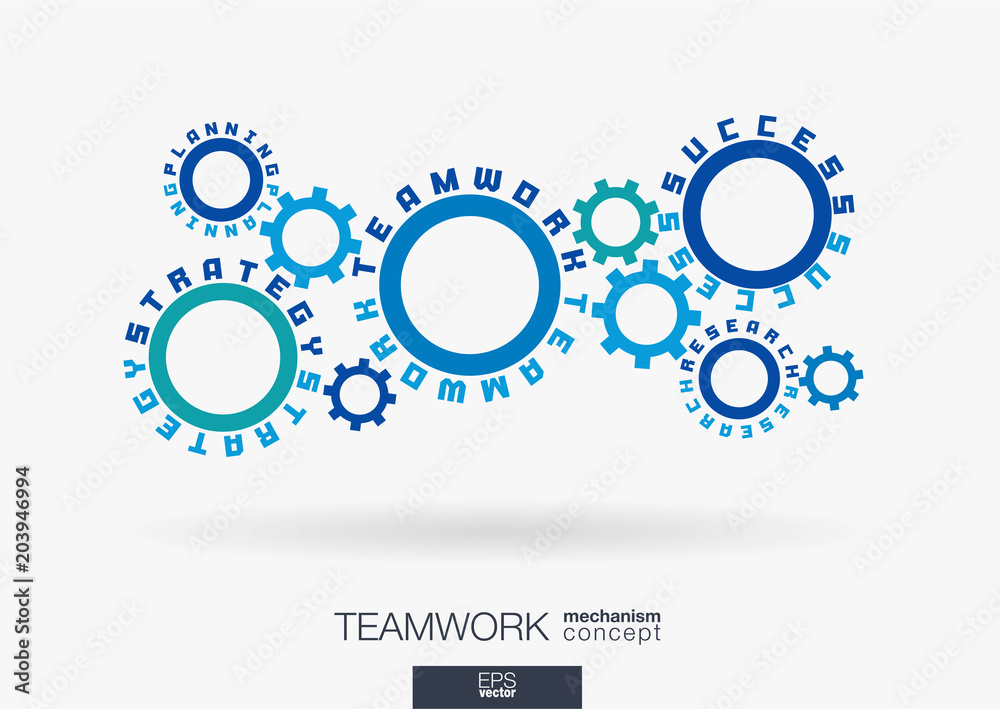 Connected cogwheels concept. Teamwork success, strategy plan, research ...