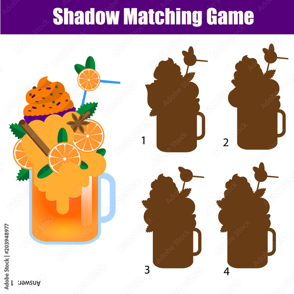 Shadow matching game. Kids activity with milk shake cocktail Stock ...