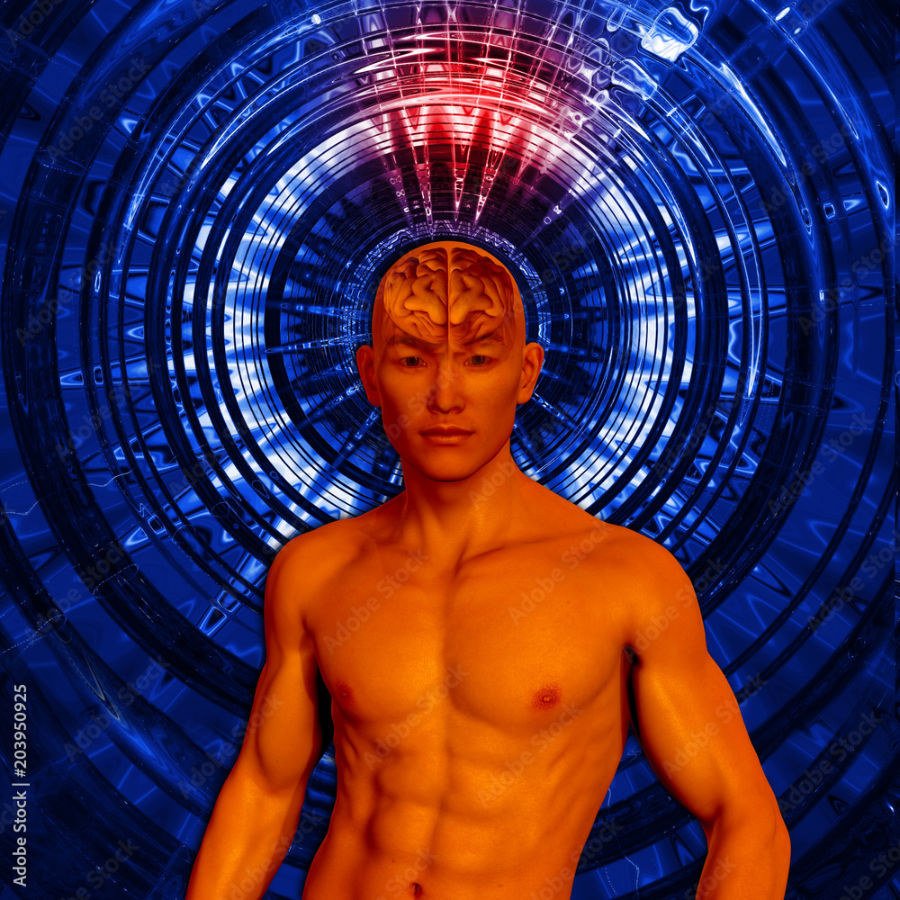 Asian man 3d figure with highlighted brain and brain waves on digital ...