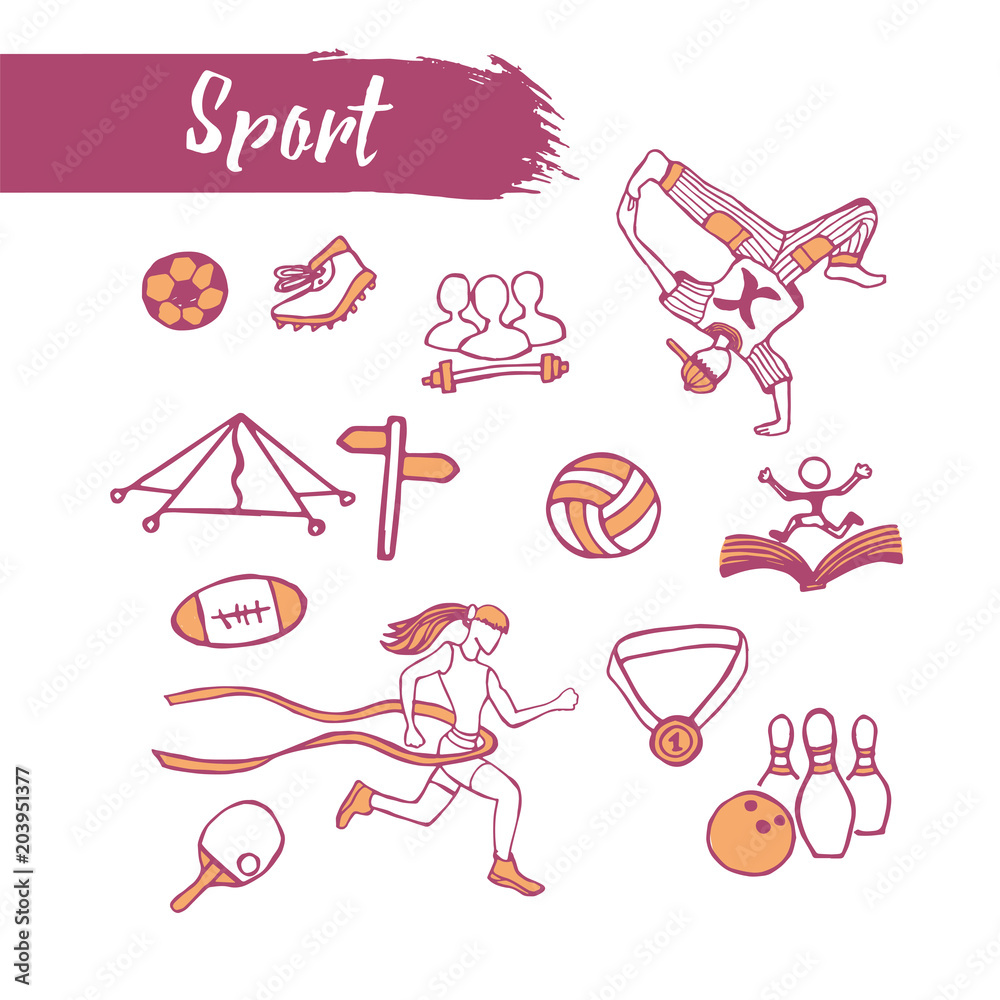 Outline sketched icons set sport theme. Line art. Pencil drawing ...