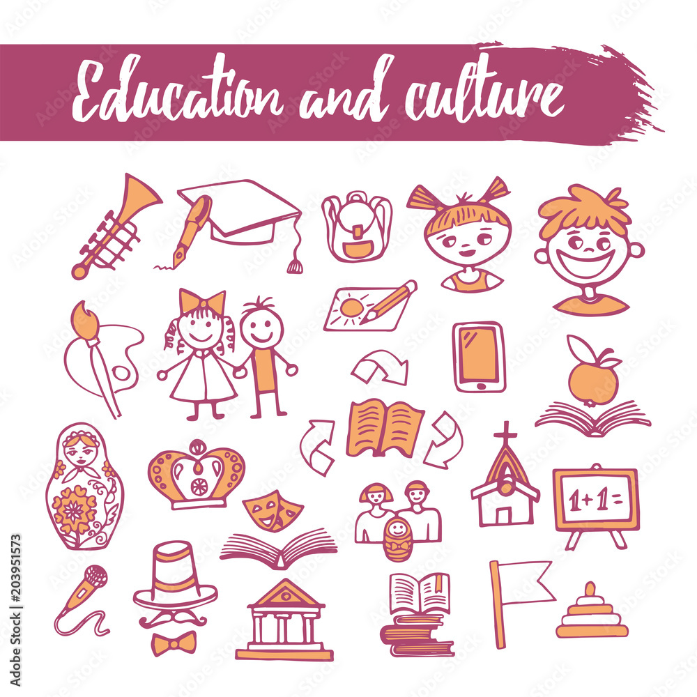 Outline sketched icons set - education and culture. Line art. Pencil ...