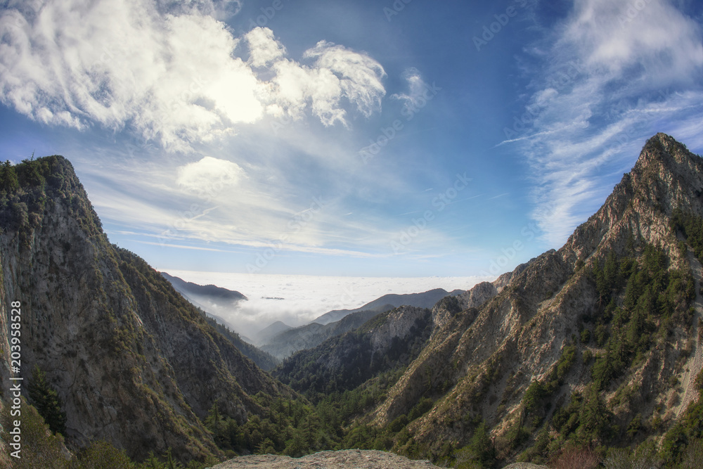 The breathtaking view of Mt. Markham and Mt. Wilson summits from Eaton Saddle Trailhead in Los ...