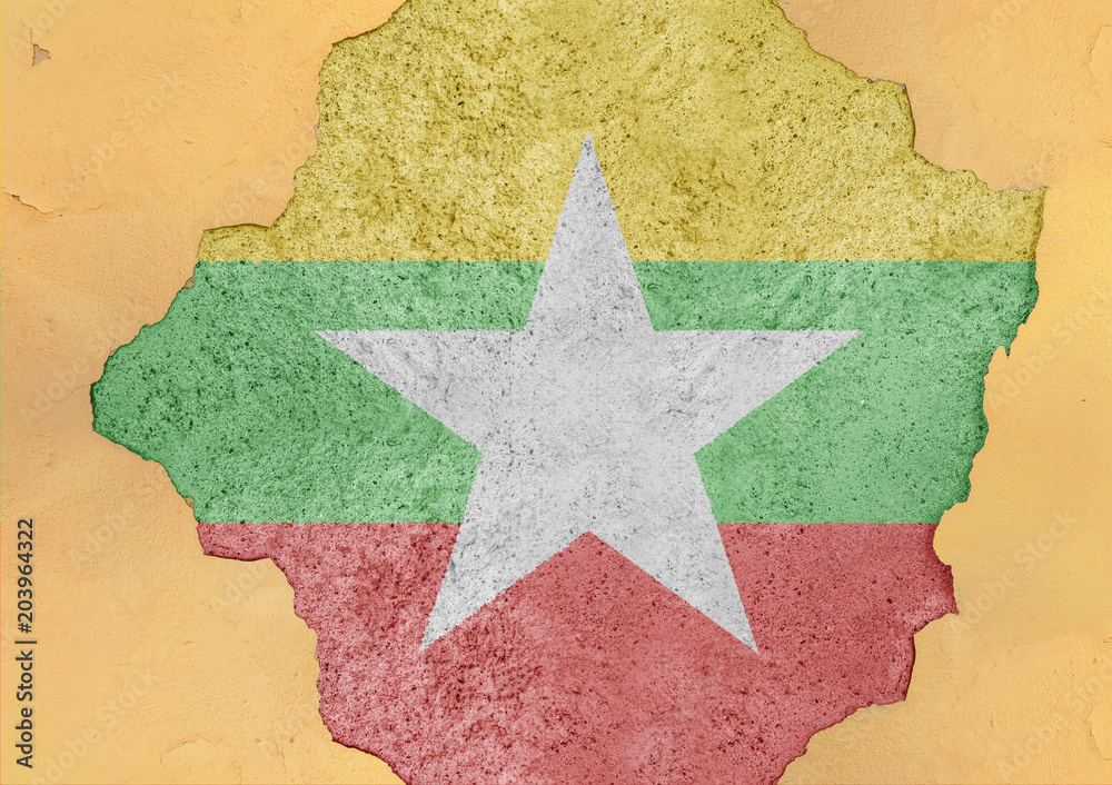Myanmar flag in big concrete cracked hole and broken material facade ...