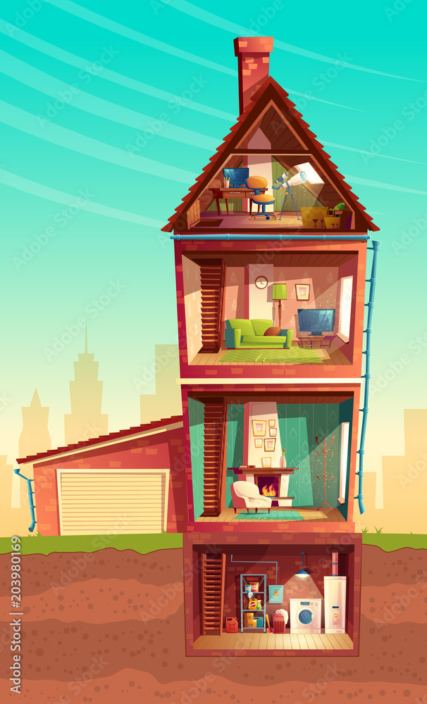 Vector three-story house interior in cross section with basement and ...