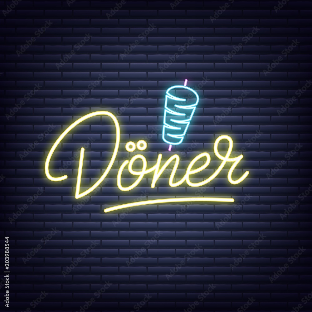Doner. Doner neon sign. Neon glowing signboard banner design Stock ...