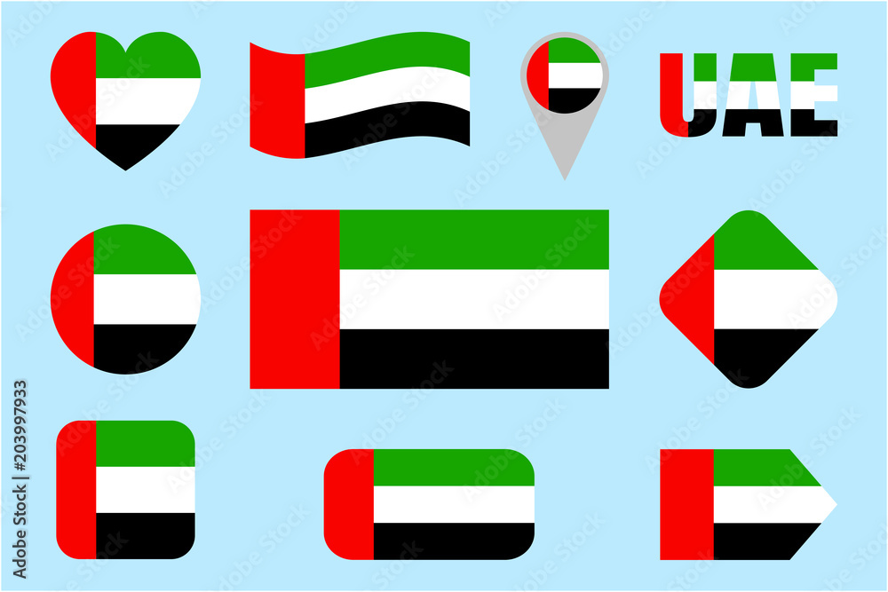 UAE flag collection. Vector The United Arab Emirates flags set. Flat ...