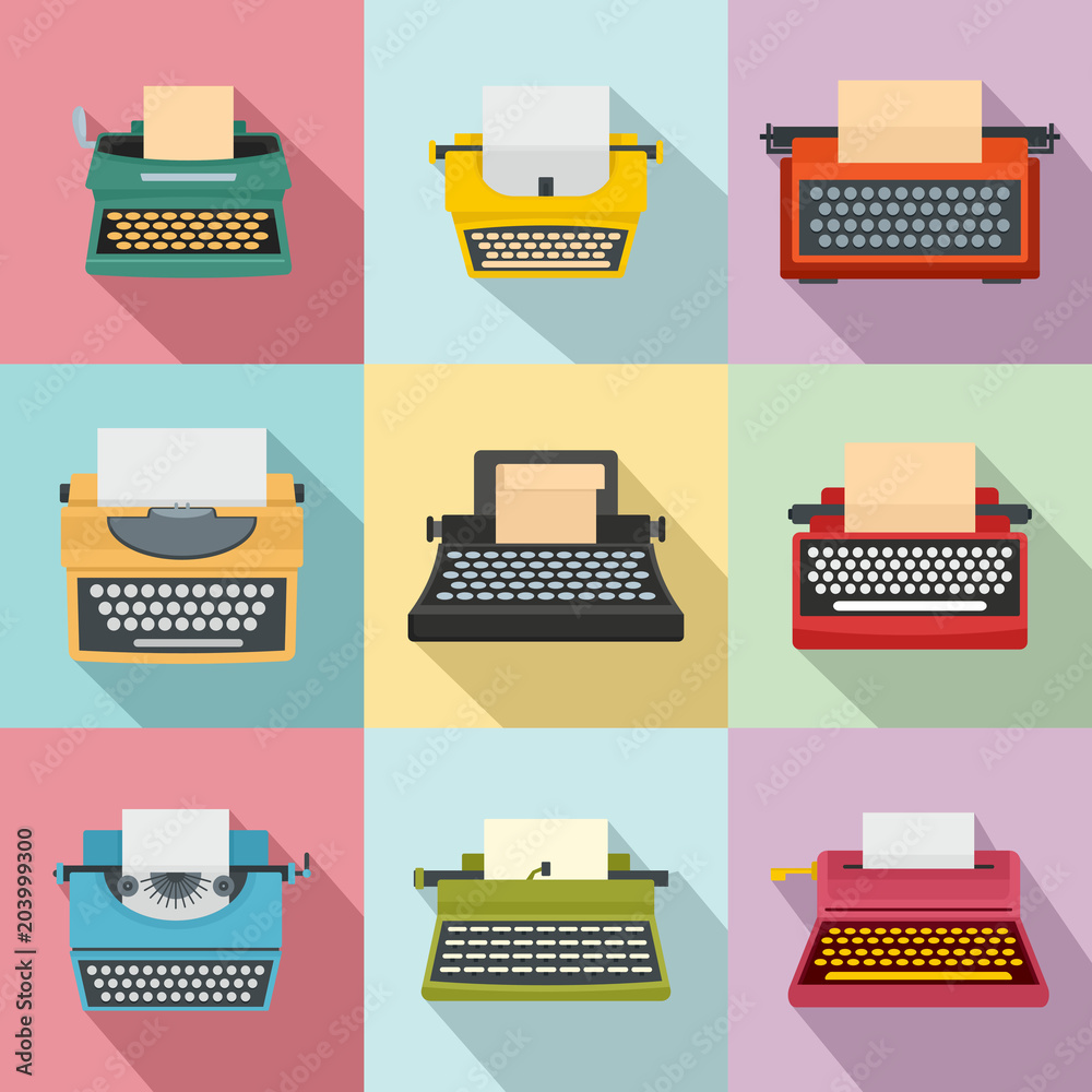 Typewriter machine keys old keyboard icons set. Flat illustration of 9 ...