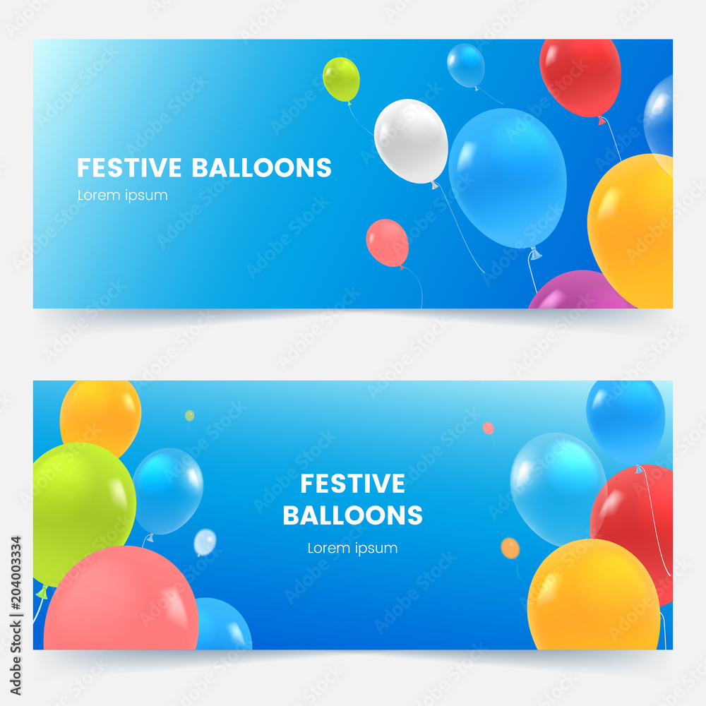 Festive banners with colorful balloons on blue sky. Multicolored flying ...