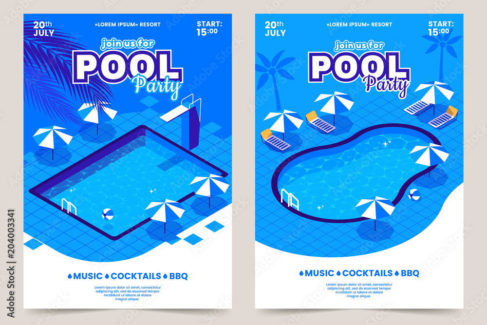 Summer pool party invitation poster. Isometric water swimming pool with ...
