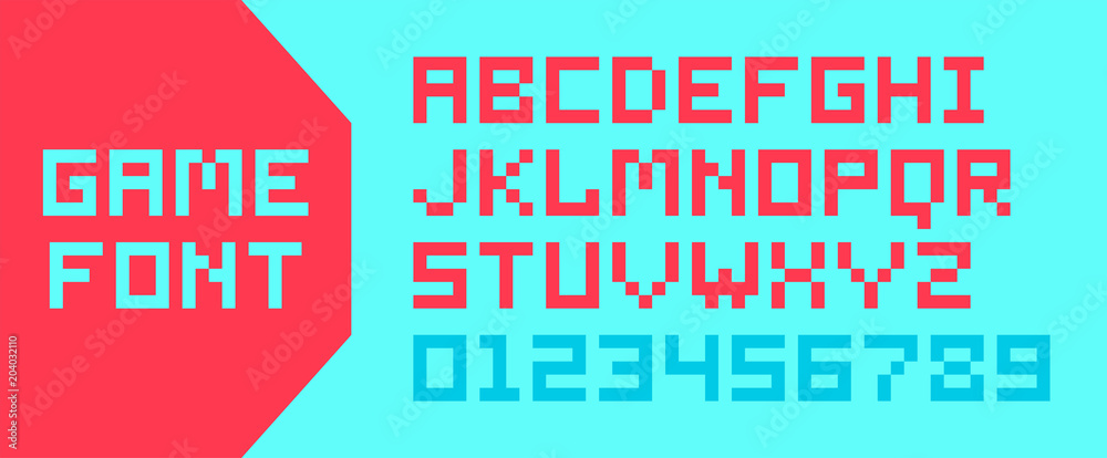 Pixel video game alphabet. letters and numbers. isolated on white ...