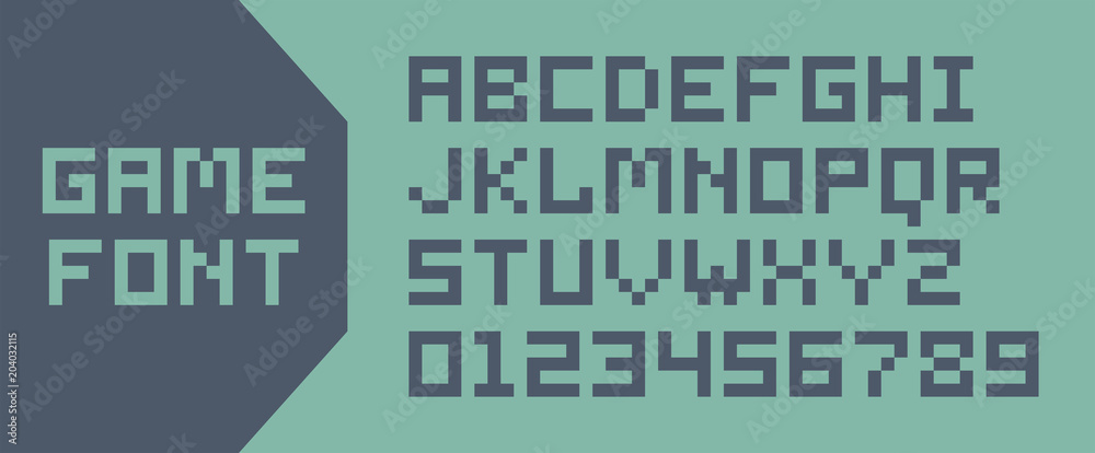Pixel video game alphabet. letters and numbers. isolated on white ...