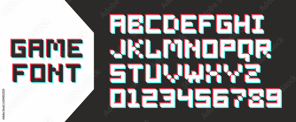 Pixel video game alphabet. letters and numbers. isolated on white ...