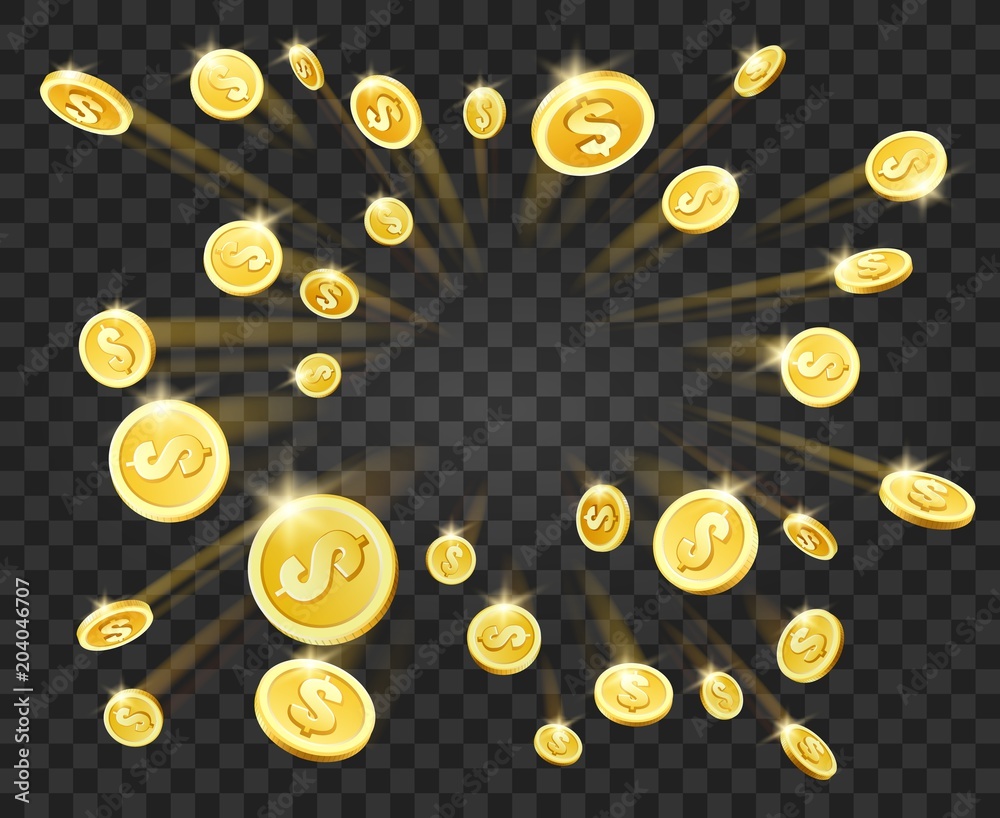 Gold money explosion. Shiny cash dollar coins explosion on transparent ...