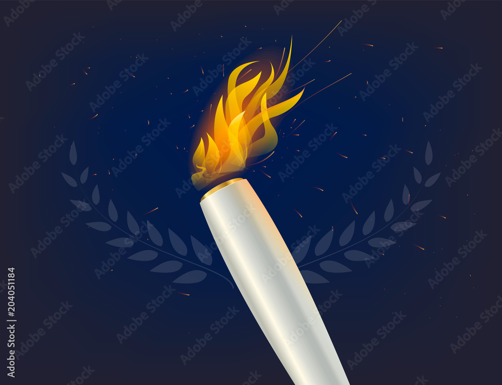 Silver torch flame with winners wreath, on dark abstract background ...