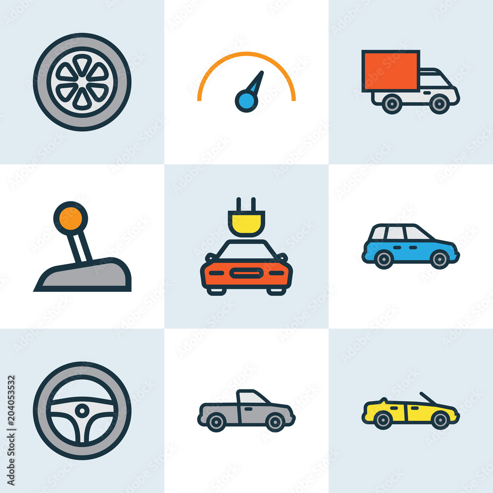 Automobile icons colored line set with speedometer, pickup, crossover ...