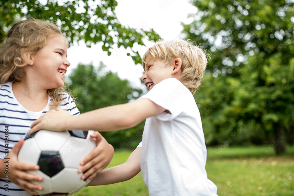 Zwei Kinder streiten um Ball im Park Stock Photo | Adobe Stock
