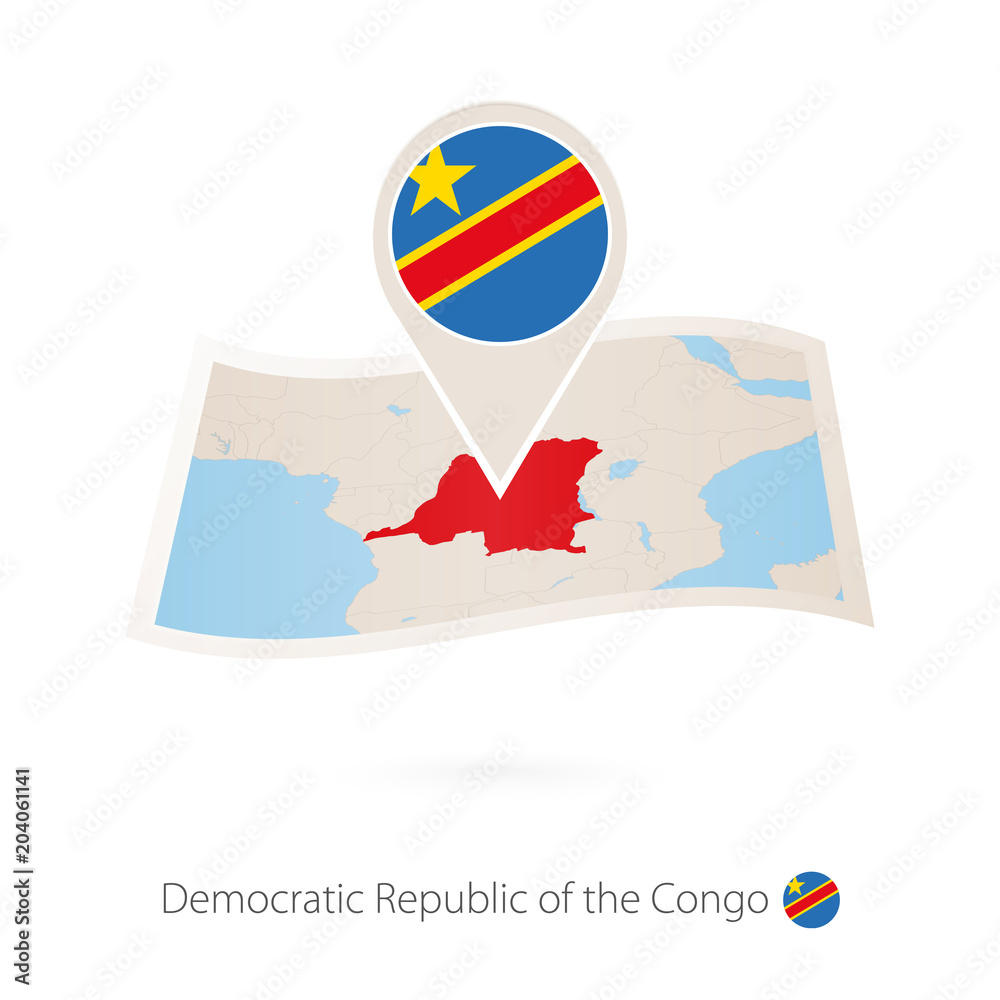 Folded paper map of Democratic Republic of the Congo with flag pin of ...