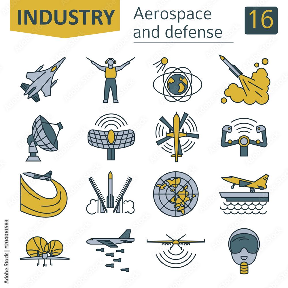 Aerospace and defense, military aircraft icon set. Thin line design for ...