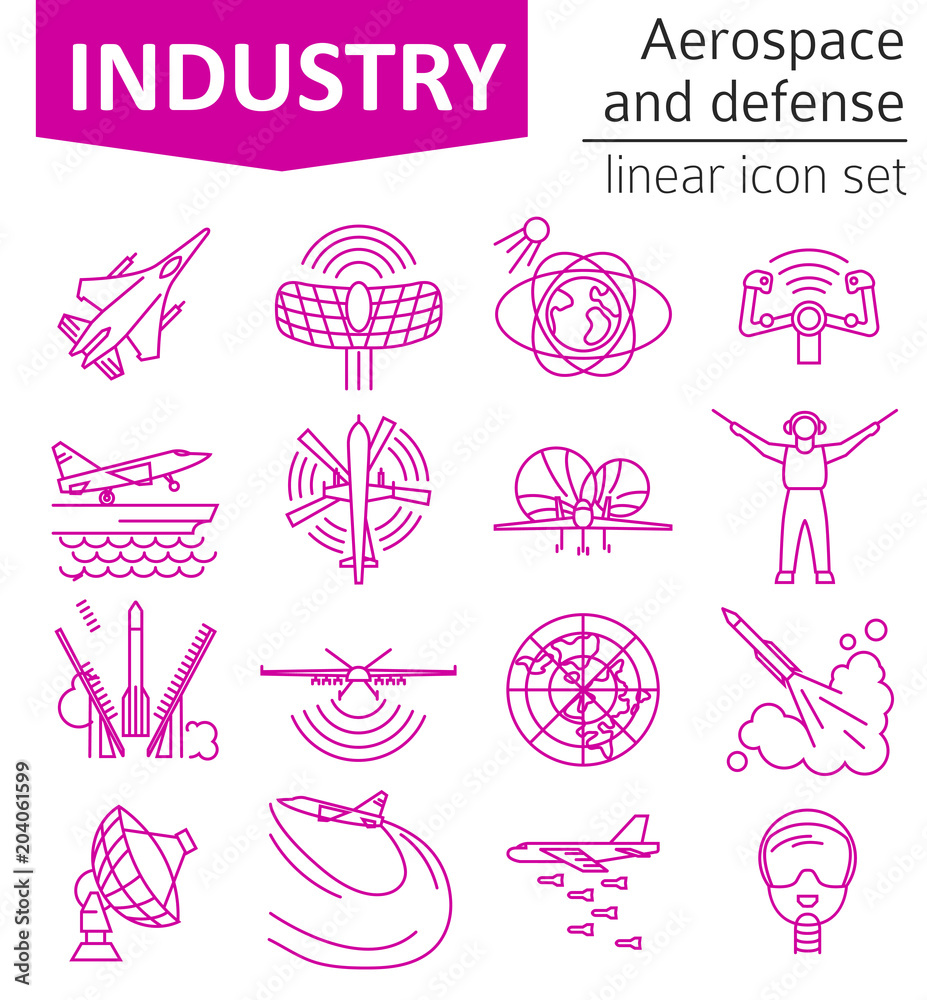Aerospace and defense, military aircraft icon set. Thin line design for ...