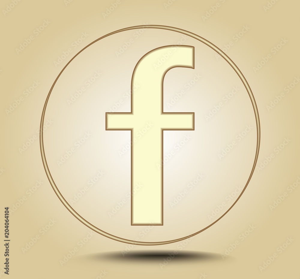 Letter F, round golden icon on light golden gradient background. Social ...