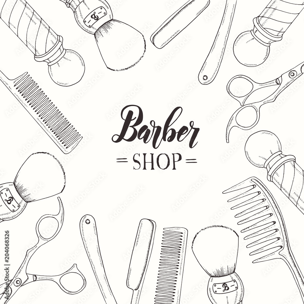 Hand drawn Barber Shop background with doodle razor, scissors, shaving ...