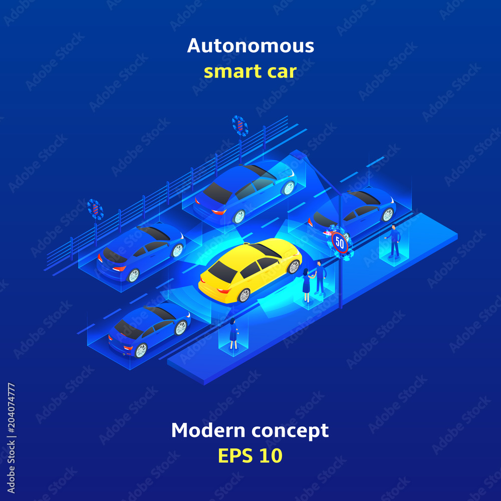 Autonomous smart car concept background. Smart car scans road, signs ...