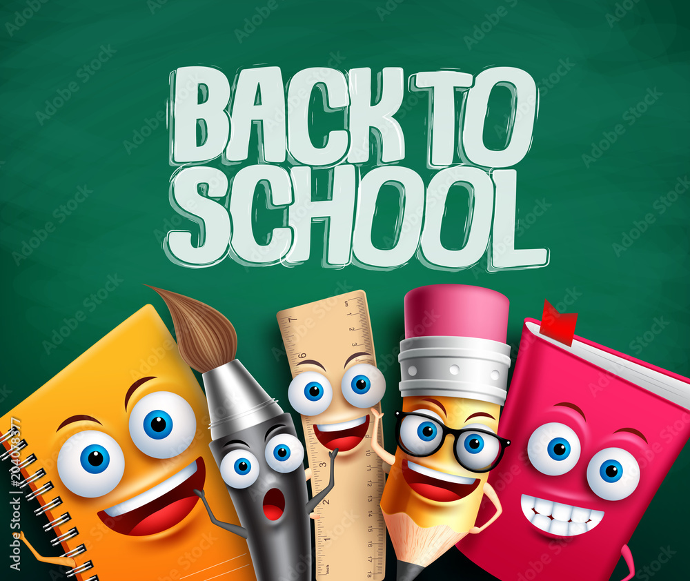 Back to school vector banner with school characters in green background ...