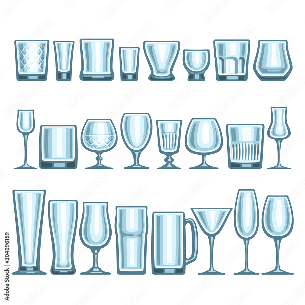 Vector set of different glassware, 24 empty glass cups various shape ...