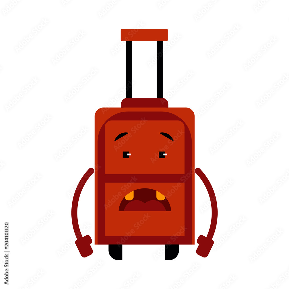 Upset suitcase cartoon character with sad emotion on face stands with ...