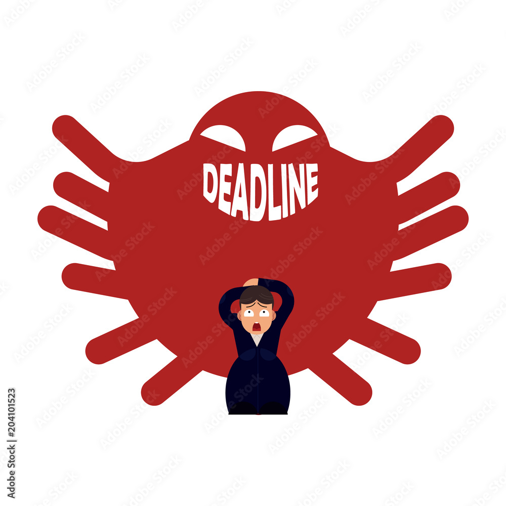 Deadline pressure on businessman - office worker is scared of big ghost ...