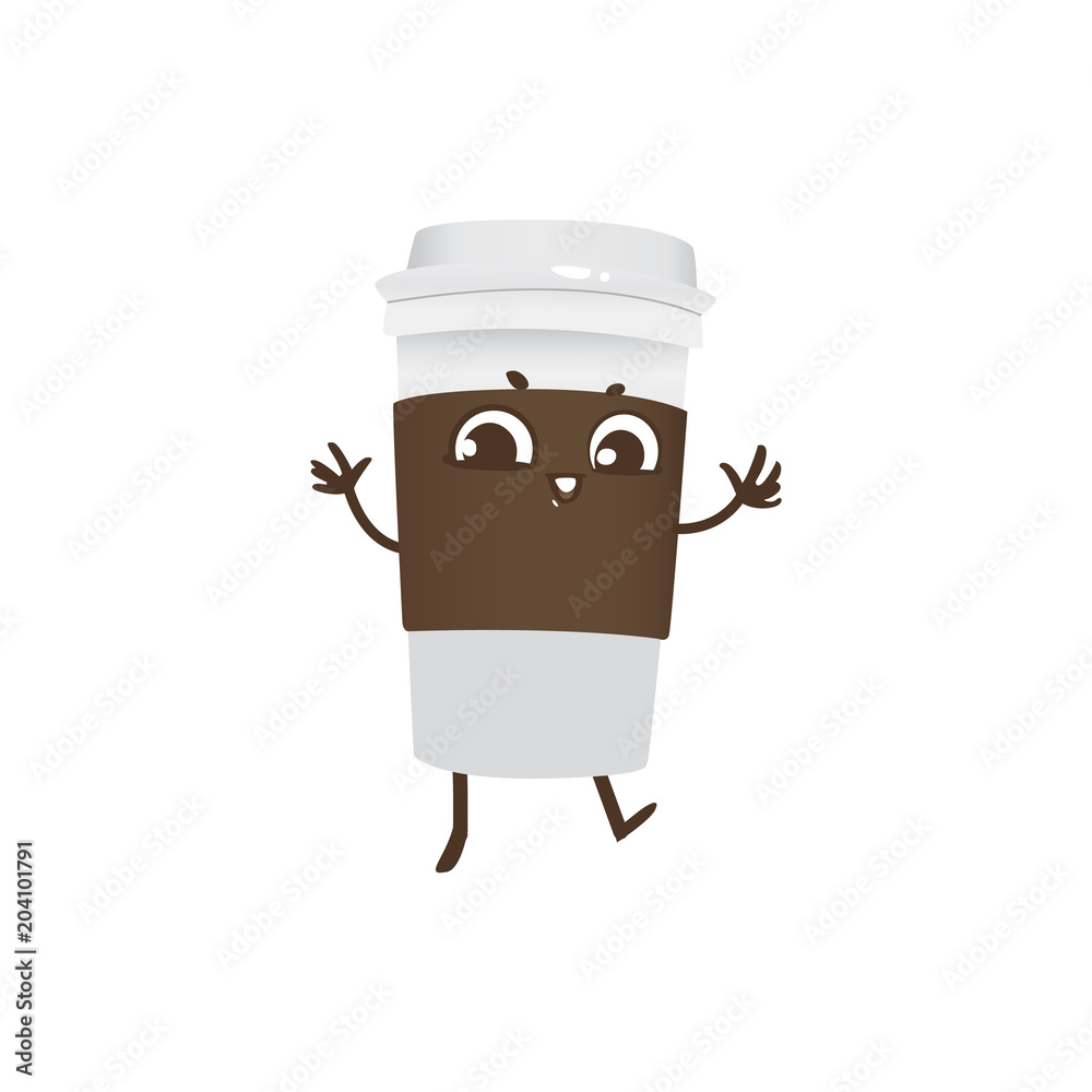 Takeaway plastic cup of coffee cartoon character dancing and smiling ...