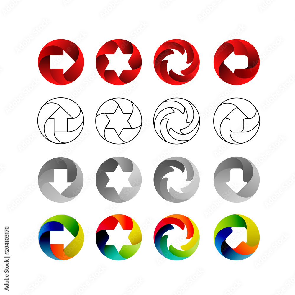 Set of signs, in the circular forms with the shadows inside. Arrows ...