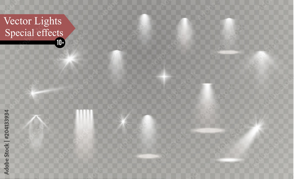 Glow isolated white transparent light effect set, lens flare, explosion ...