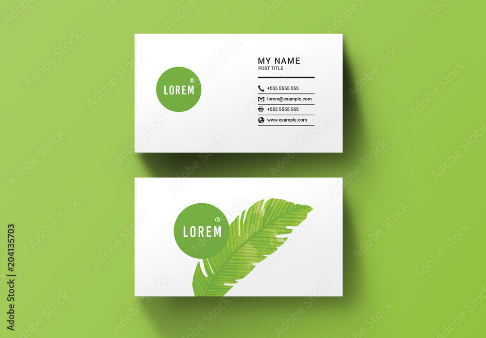 Business Card Layout with Green Leaf Illustration Stock Template ...