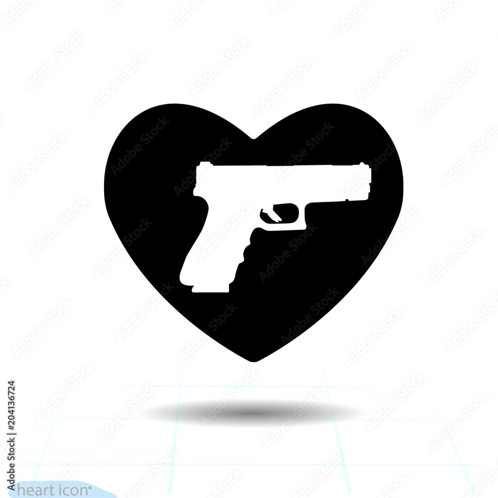 Heart vector black icon, Love symbol. Pistol Gun in heart. Valentines ...