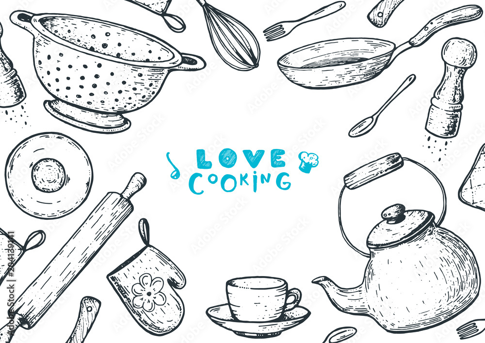 Kitchen utensils hand drawn vector illustration. Cooking time sketch ...