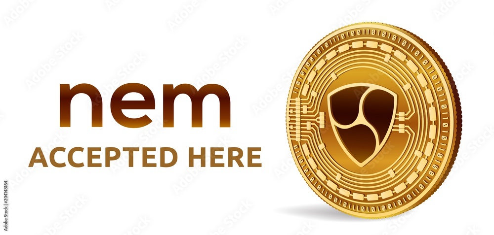 NEM. Accepted sign emblem. Crypto currency. Golden coin with NEM symbol ...
