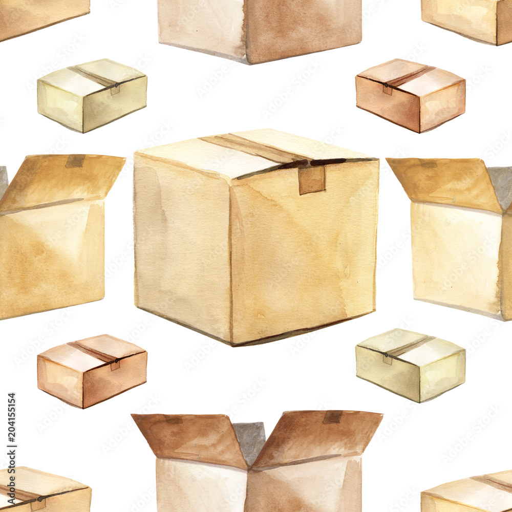 Watercolor moving brown carton boxes for transportation of furniture ...