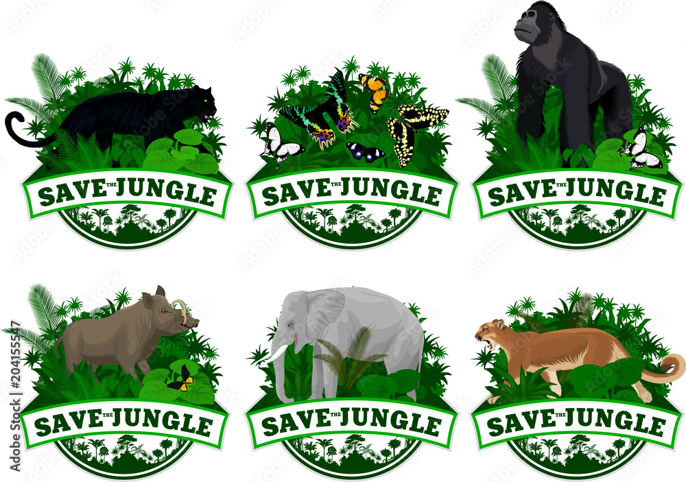 Vector set of Jungle rainforest Emblems with elephant, puma cougar ...