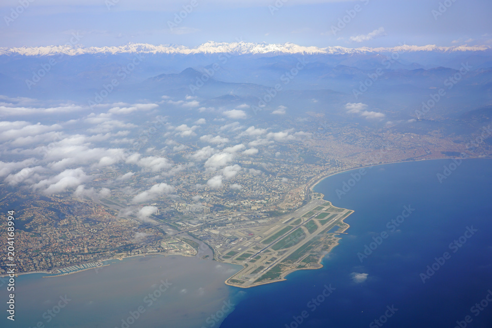 Aerial view of the Nice area, the Baie des Anges and the French Riviera ...
