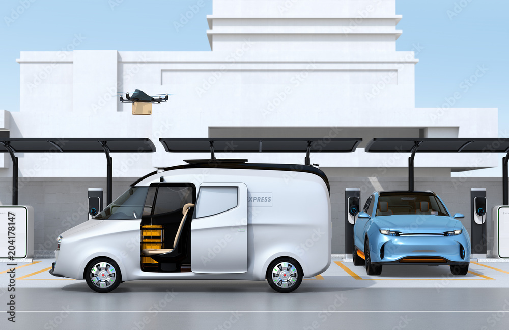 Drone takes off from delivery van to delivering parcel. Last one mile ...