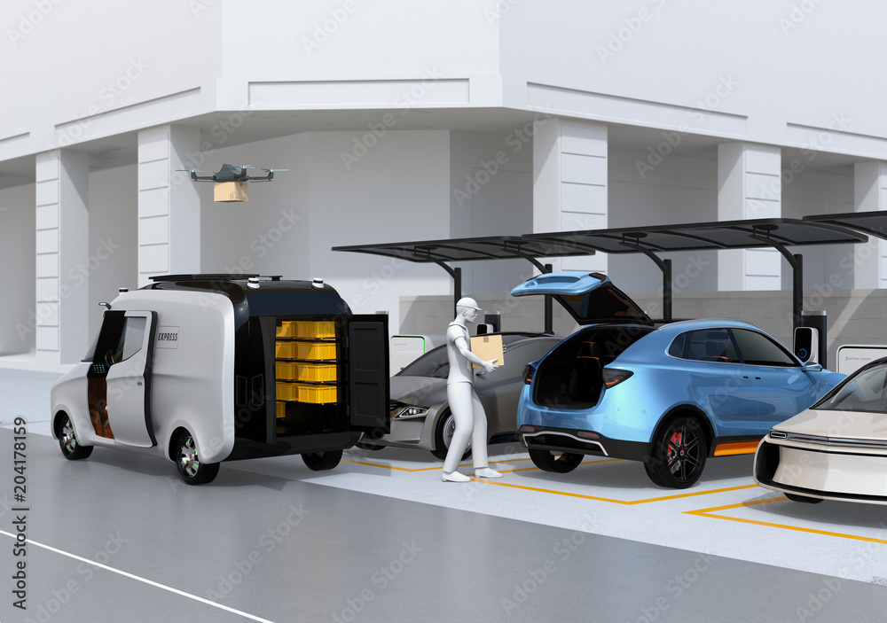 Delivery staff carrying package to blue car trunk in parking lot. Drone ...