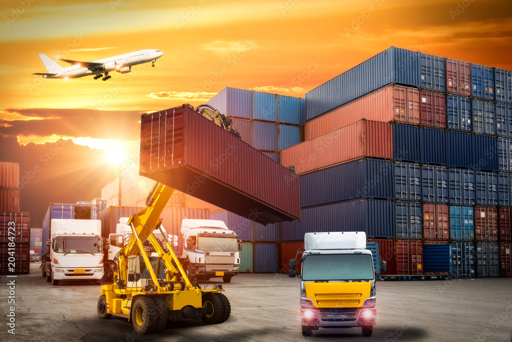 forklift handling container box loading to truck in import export ...