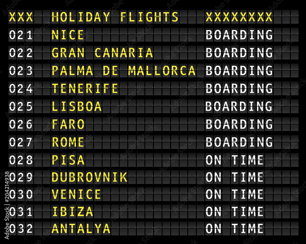 Airport flight information display with european holiday travel ...