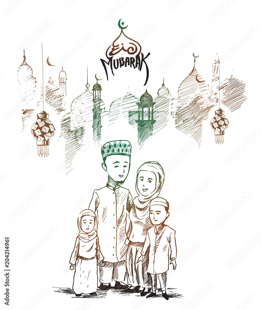 Traditional Muslim family with children - Hand Drawn Sketch Vector ...