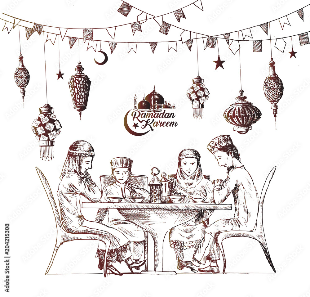 Happy Muslim family Ramadan Kareem Iftar party celebration, Hand Drawn ...