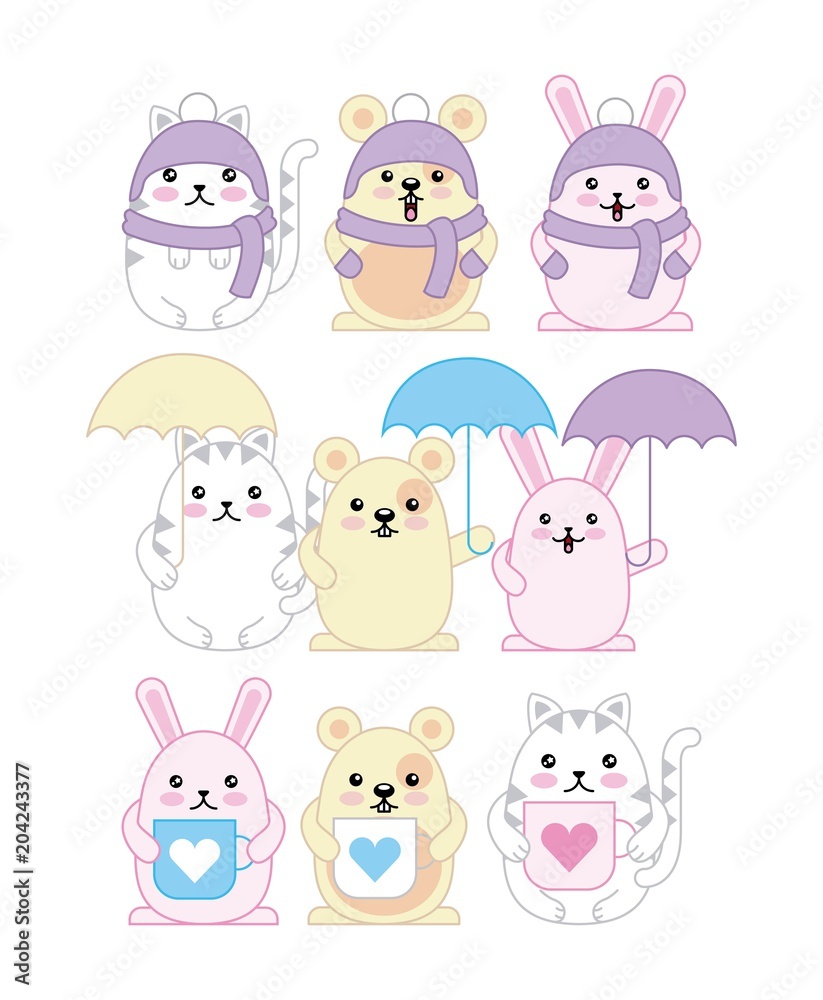 kawaii animals mouse kitty cat and rabbit cartoon vector illustration ...
