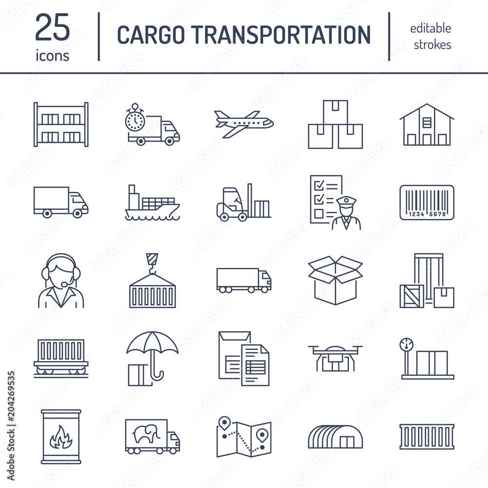 Cargo transportation flat line icons. Trucking, express delivery ...