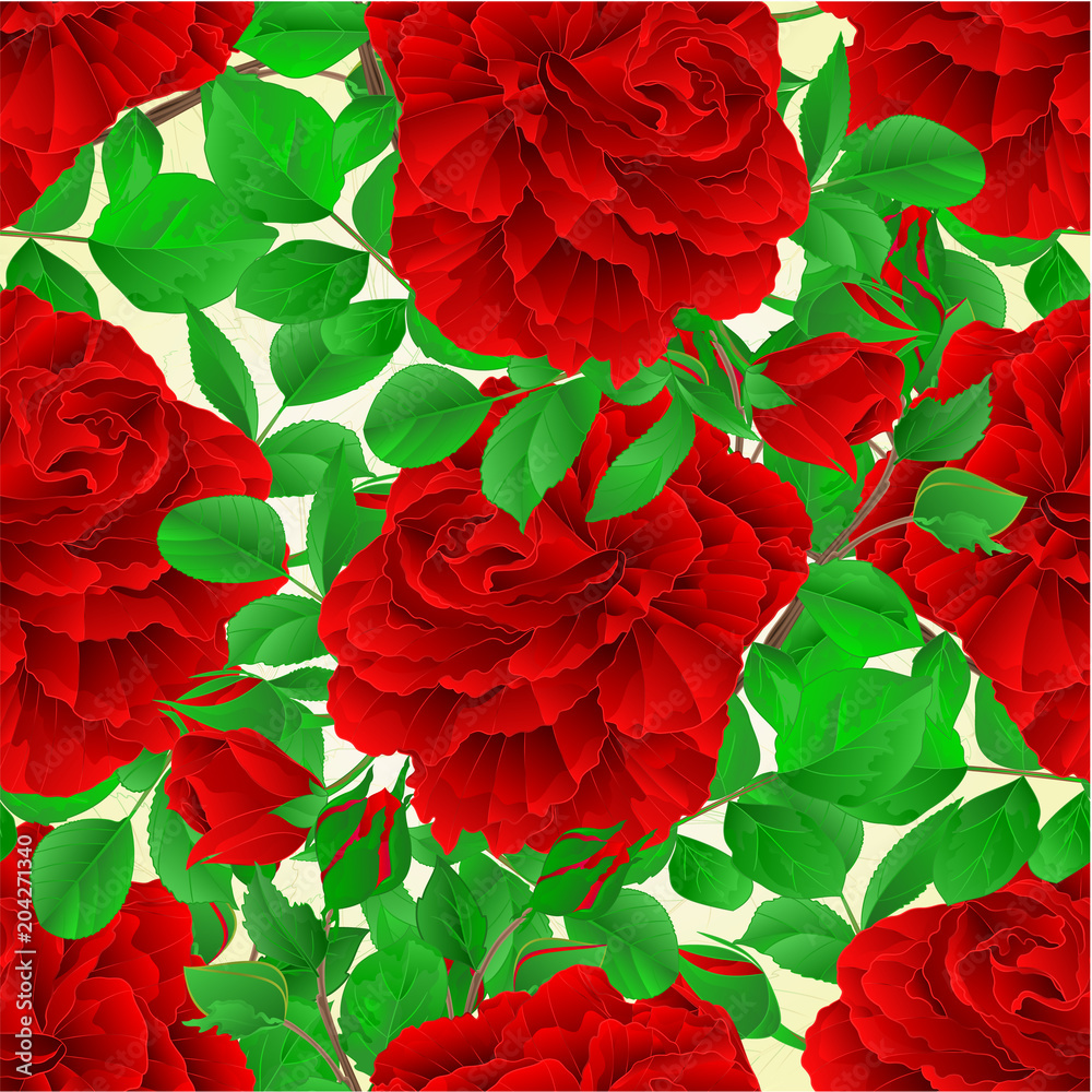 Seamless texture red rose with buds and leaves vintage nature ...